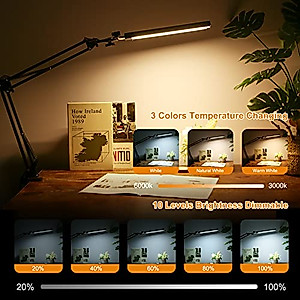 Neoglint Desk Lamps for Home Office Double Head - Modern Swing Arm Table Lamps with Clamp, 24W Large Bright Architect Desk Lights, 3 Color 10 Brightness & Memory Function Adjustable Task Lamp