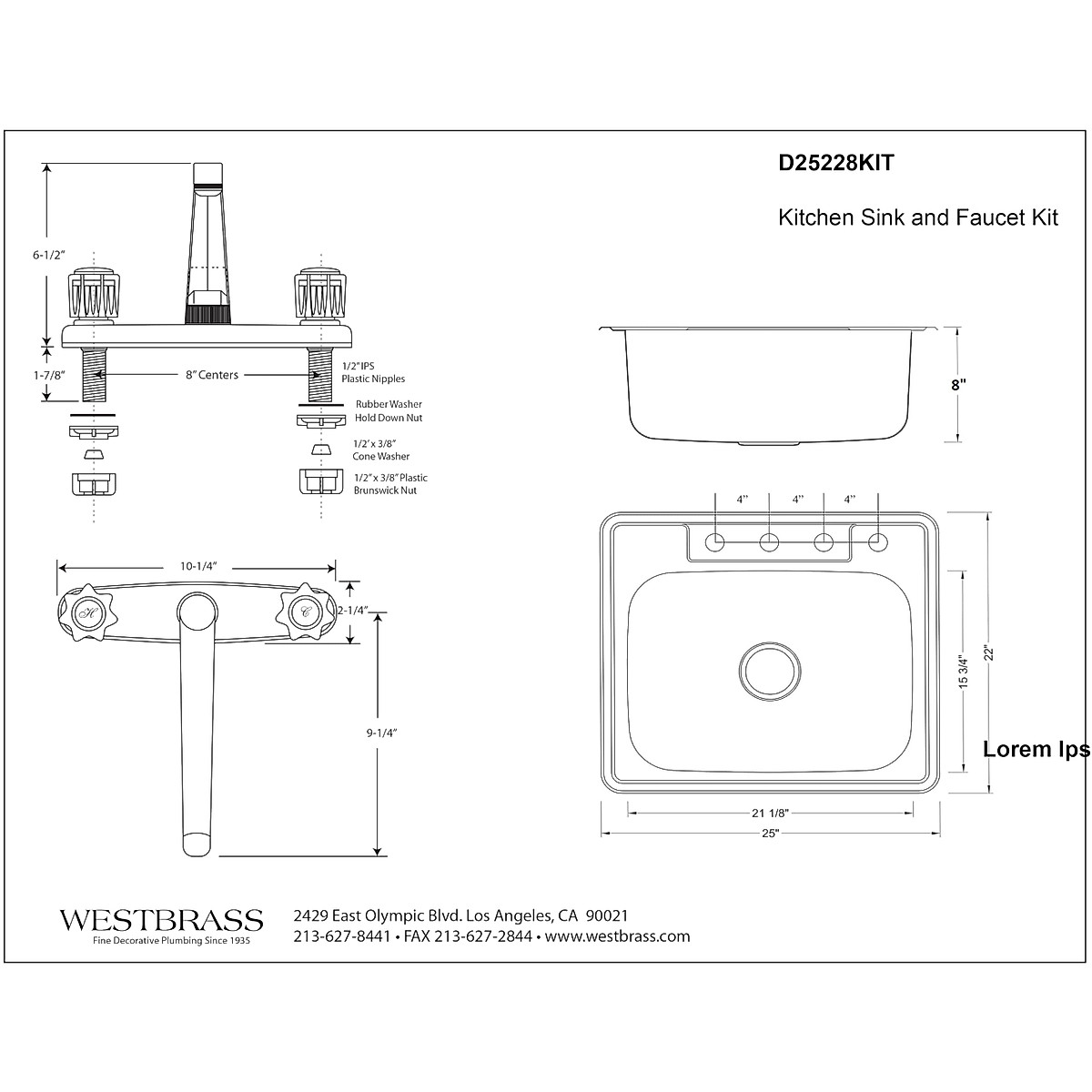 Westbrass D25228KIT-26 25" 18 Ga. Drop-In Stainless Steel Undermount Single Bowl Kitchen Sink with 2-Handle Faucet & Accessories, Polished Chrome