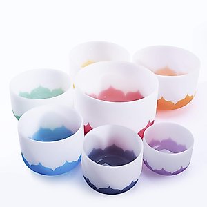 440HZ Set of 7 Lotus Design Frosted Quartz Crystal Singing Bowls 6"-12" with free mallets & O-rings