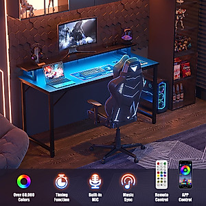 Hyomdeck Computer Desk with USB Power Outlets and LED Lights, 47 inch Gaming Desk with Monitor Stand for Small Space Home Office, Modern Simple Study Writing Table PC Desks, Black