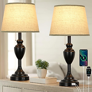 Sucolite 24" Tall Table Lamps with 2 USB Charging Ports, Farmhouse Rustic Bedside Nightstand Lamps for Bedrooms Set of 2, End Table Lamps Black for Living Room Office Dorm Reading