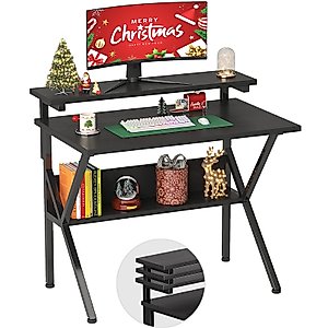 COTUBLR Small Desk, 27.5 Inch Small Computer Desk for Small Spaces, Computer Desk with Adjustable Monitor Stand, Compact Desk with Storage, Tiny Desk Study Desk for Bedroom Home Office, Black
