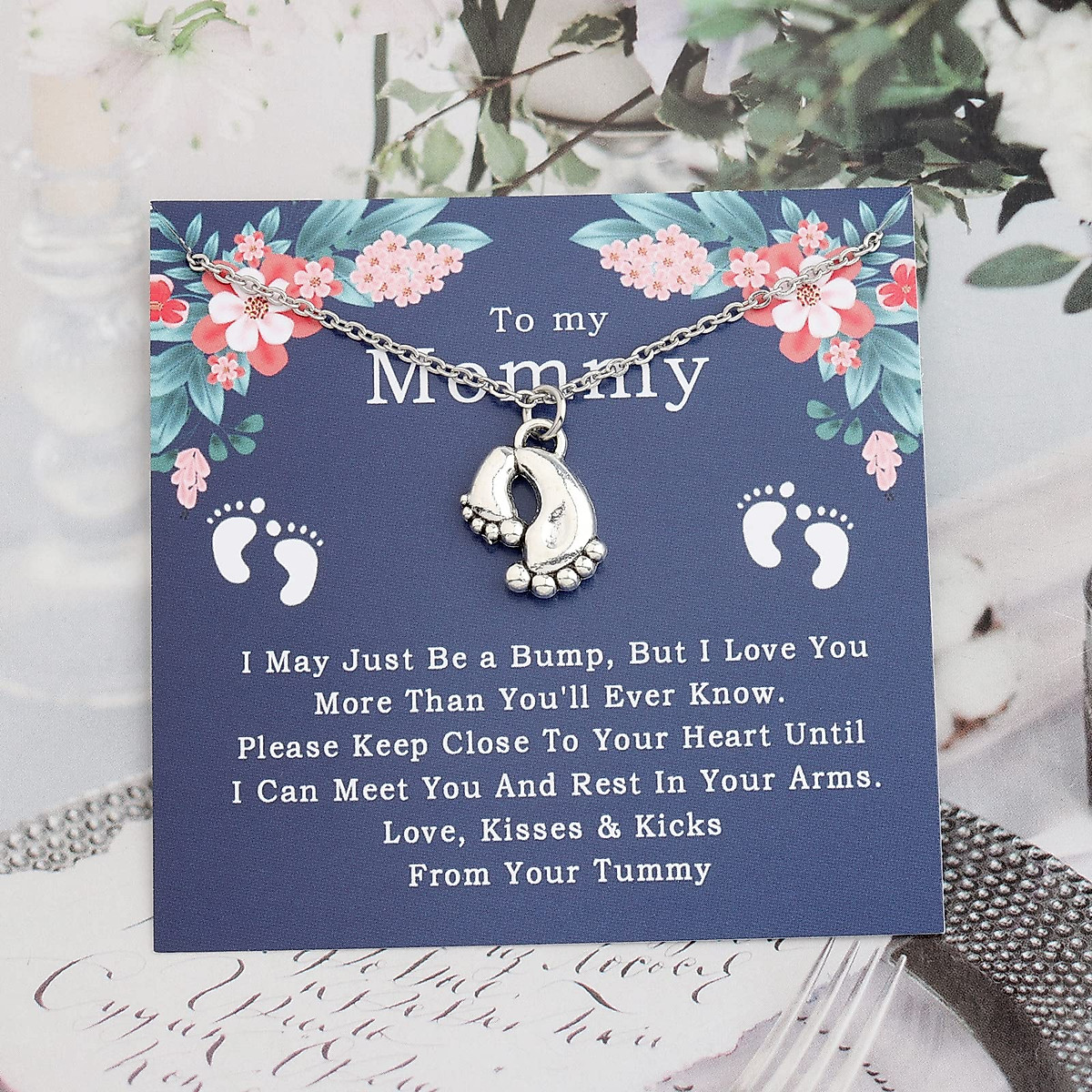 WSNANG First Time Mom Pregnancy Gift Necklace with Message Card Feet Footprints Pendant Necklace for Expecting Mom (Feet Bump NL Card)