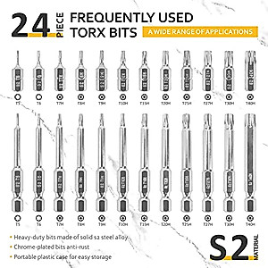 YF YoungFulTool 24Pcs Security Torx Bits with Head from T5 to T40 1'' 2.3''Long Shank 1/4 Hex Tail S2 Steel Drill Bits Tamper Resistant Bits Suitable for Drills,Hand,Power or Air Tools