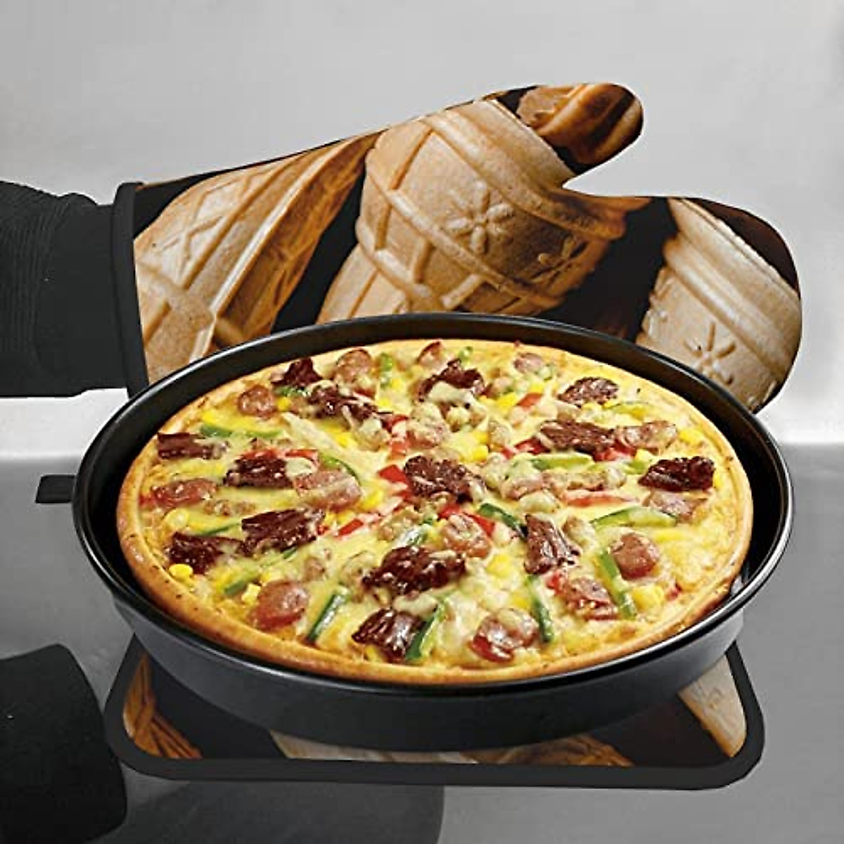 Ice Cream Oven Mitts and Pot Holders Set Heat Resistant Oven Glove and Potholder Kitchen Microwave Gloves for Baking BBQ Grilling Cooking Oven Mitts