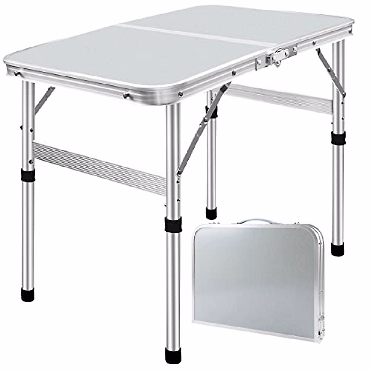 JUOIFIP Folding Camping Table Outdoor, 2 Adjustable Height Portable Folding Camping Table for Camp, Lightweight Aluminum Fold Up Camp Table for Picnic, BBQ, Party, Travel, Home Use. White