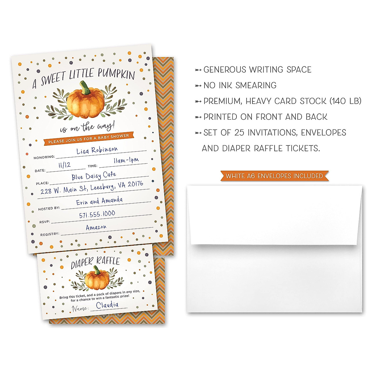 Koko Paper Co Little Pumpkin Baby Shower Invitations, Diaper Raffle Tickets and Matching Thank You Cards | 75 Sets | 125 Pcs Total