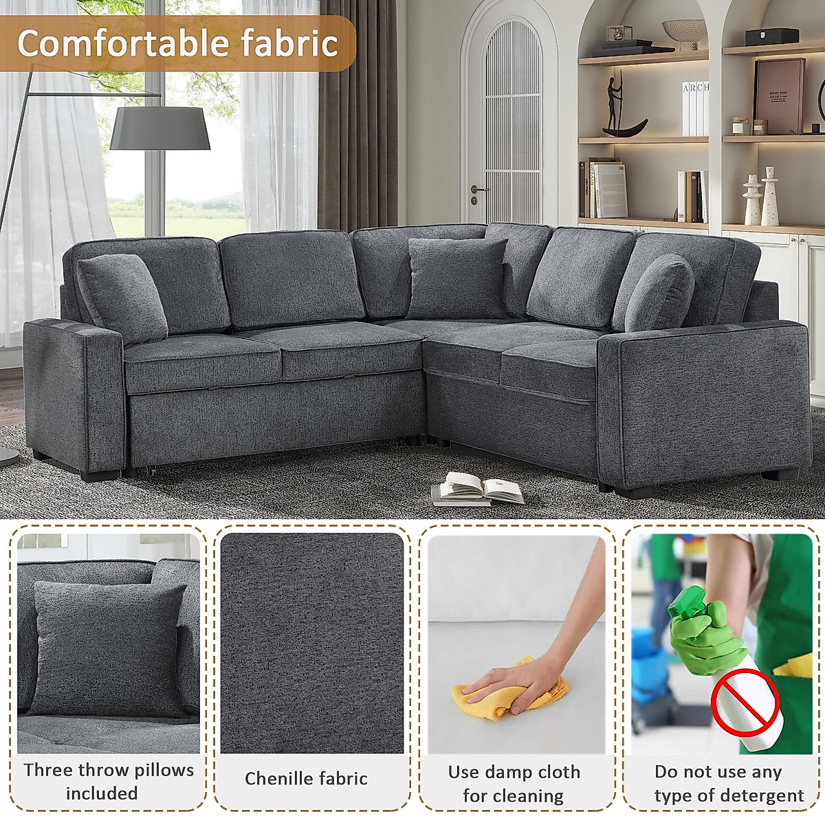 THSUPER 82'' Chenille L-Shaped Sleeper Sectional Sofa with Pull-Out Bed & Reversible Convertible Feature for Living Room, 5-Seater with 3 Pillows Included. Dark Grey