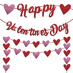 Happy Valentines Day Banner, Red and Pink Glittery Valentines Day Garland Valentines Photo Props Heart Decorations for Wedding Party
