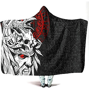 BURNAR Medieval 3D Printing Hooded Blanket Warm Soft Valhalla Skull Crow Totem Unisex Winter Wearable Hooded Blanket Double Thick Plush Wool Blanket Cape (Color : Blanket, Size : 80x60in/150x200cm)