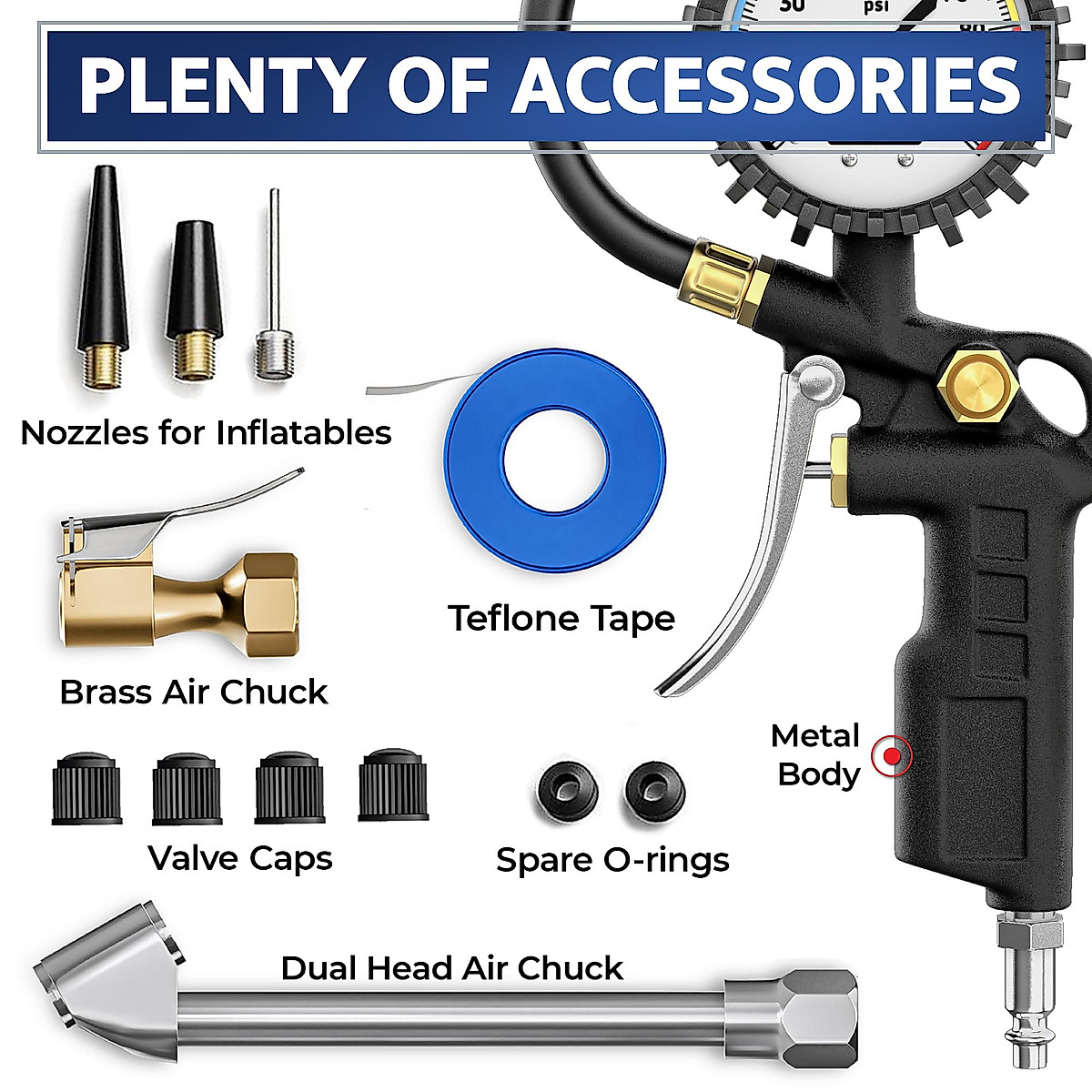 Tire Inflator with Pressure Gauge – Large Glow Dial, Swivel Air Chuck with Gauge and Air Compressor Accessories – 100 PSI