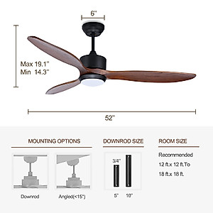 Ovlaim 52 Inch Solid Walnut Wood Ceiling Fans with Lights Remote Control, 3 Blade Propeller Smart Ceiling Fan for Bedroom Living Room Indoor Outdoor, ETL Listed High CFM Quiet DC Motor