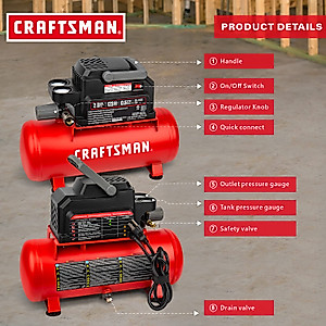 Craftsman Air Tools, 2 Gallon Portable Air Compressor 1/3 HP Oil-Free Max 125 PSI Pressure, Hot Dog, Model: CMXECXA0200243