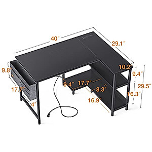 ODK 40 Inch Small L Shaped Gaming Computer Desk with Power Outlets, Reversible Storage Shelves & PC Stand for Home Office, Simple Writing Study Table with Storage Bag for Small Space, Black