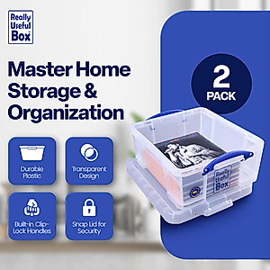 Really Useful Box 18 Liter Plastic Stackable Storage Container w/Snap Lid & Built-In Clip Lock Handles for Home or Office Organization, 2 Pack, Clear
