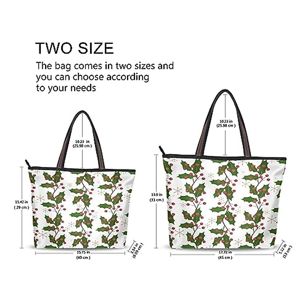 JSTEL Christmas Tote Bag with Zipper,Christmas Berry Holly Tote Purse Women Holiday Handbag Xmas Gift