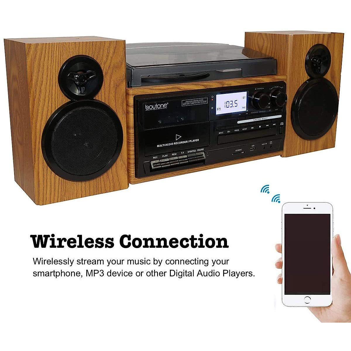 Boytone BT-28SPW Bluetooth Classic Record Player Turntable All-in-One with AM/FM Radio, CD/Cassette Player, 2 Separate Stereo Speakers, Record from Vinyl, Radio, and Cassette to MP3, SD slot, USB, AUX