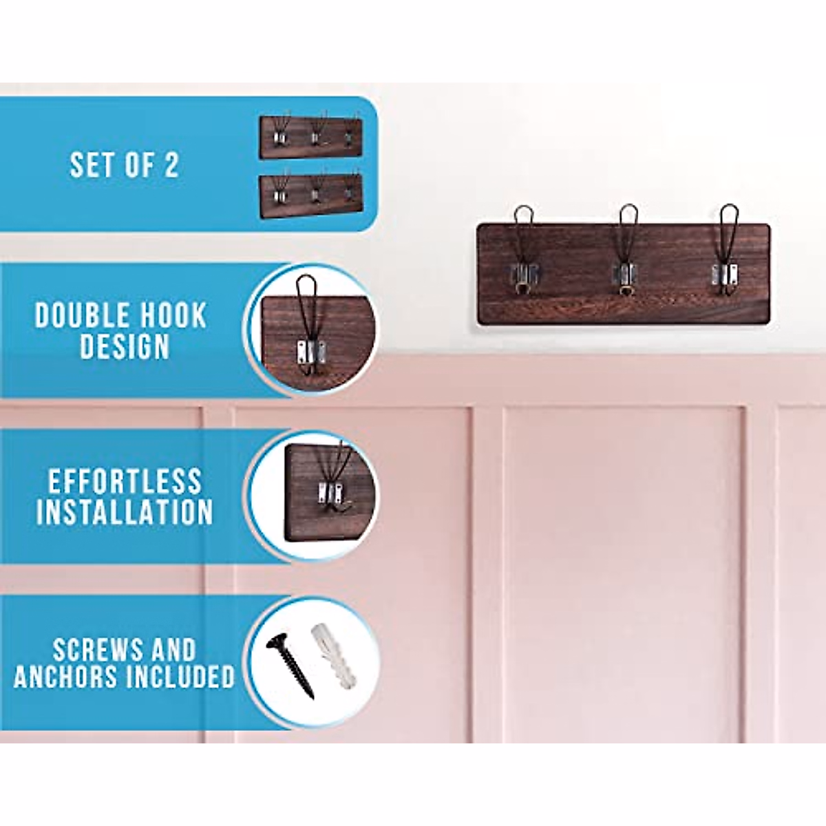 Comfify Rustic Wall Mounted Coat Rack with 3 Sturdy Hooks – Set of 2 – Vintage Entryway Wooden Coat Racks Rustic Rack for Coats, Bags, Towels and More – 35” x 6.10"- Rustic Brown