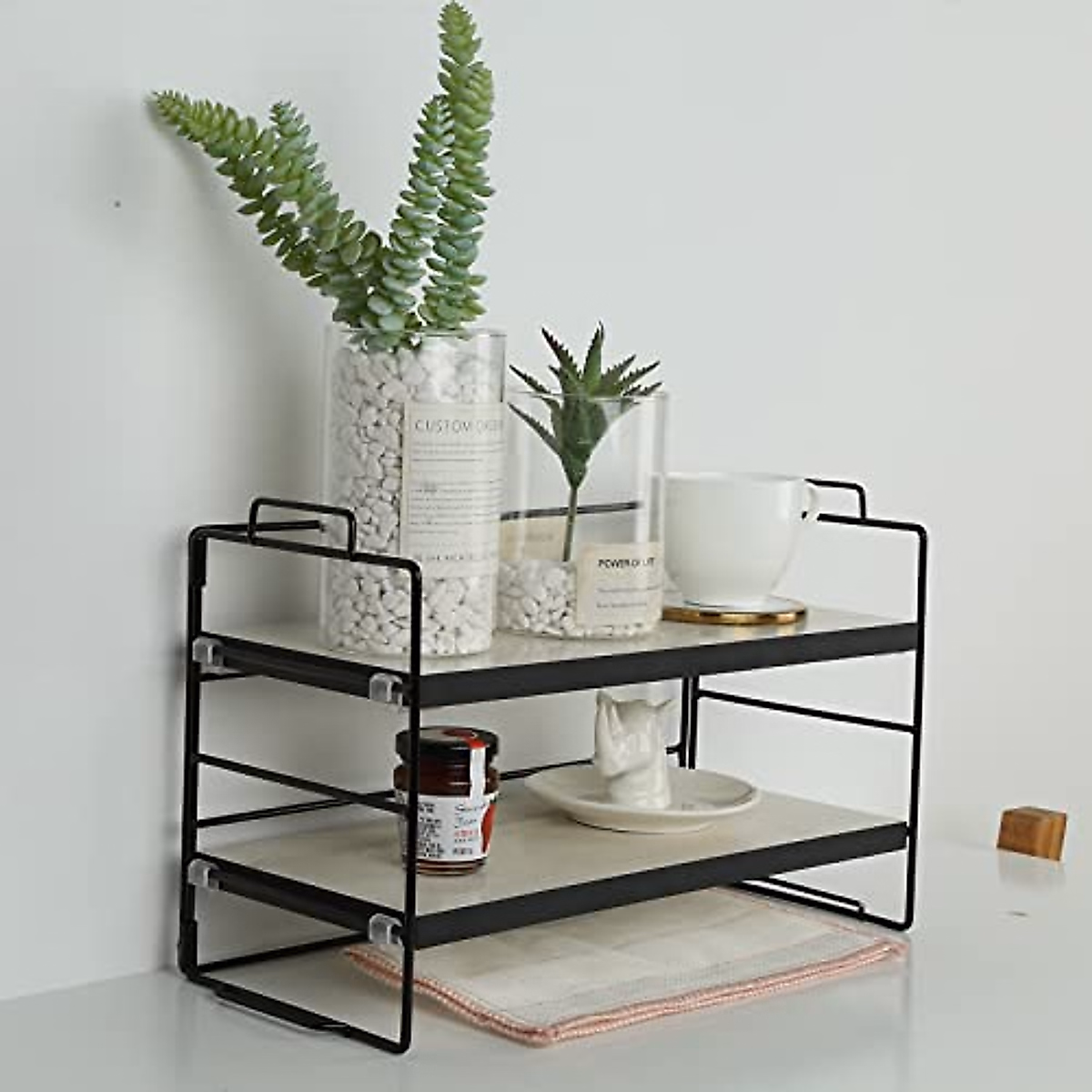 woodsky Desk Organizer Wooden Countertop Shelf with Metal Frame for Home & Office Supplies Adjustable Tabletop Storage and Display Stand for Living Room, Kitchen, Bedroom (Beige)