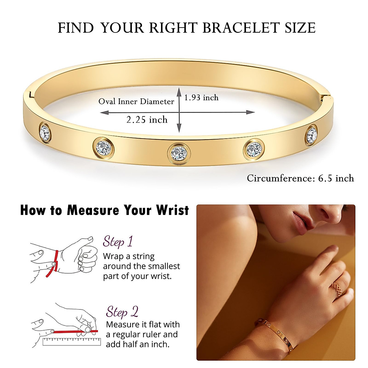 RIMRIVA Gold Bangle Bracelets for Women Trendy Love Gifts Stack Friendship Jewelry Cubic Zirconia Stones Stainless Steel Crystal Bracelet Anniversary Birthday Women