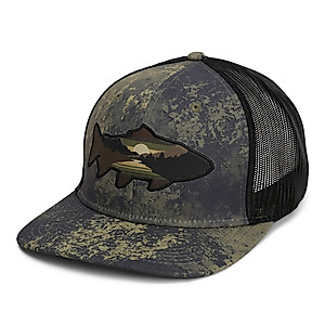 Sunset Trout 6-Panel Mesh Back Fly Fishing hat Moutain Silhouette Fishing hat (Olive Cirrus)