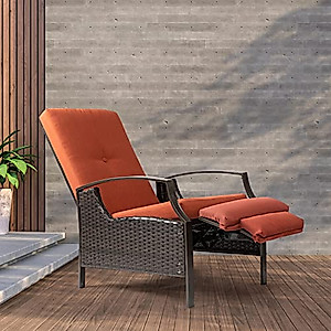 ALIMORDEN Patio Wicker Adjustable Recliner Chair, Steel Frame Rattan Sofa with Thick Removable Cushion, Outdoor Relaxing Lounge Chair for Porch, Backyard, Garden, Water Resistant, Red