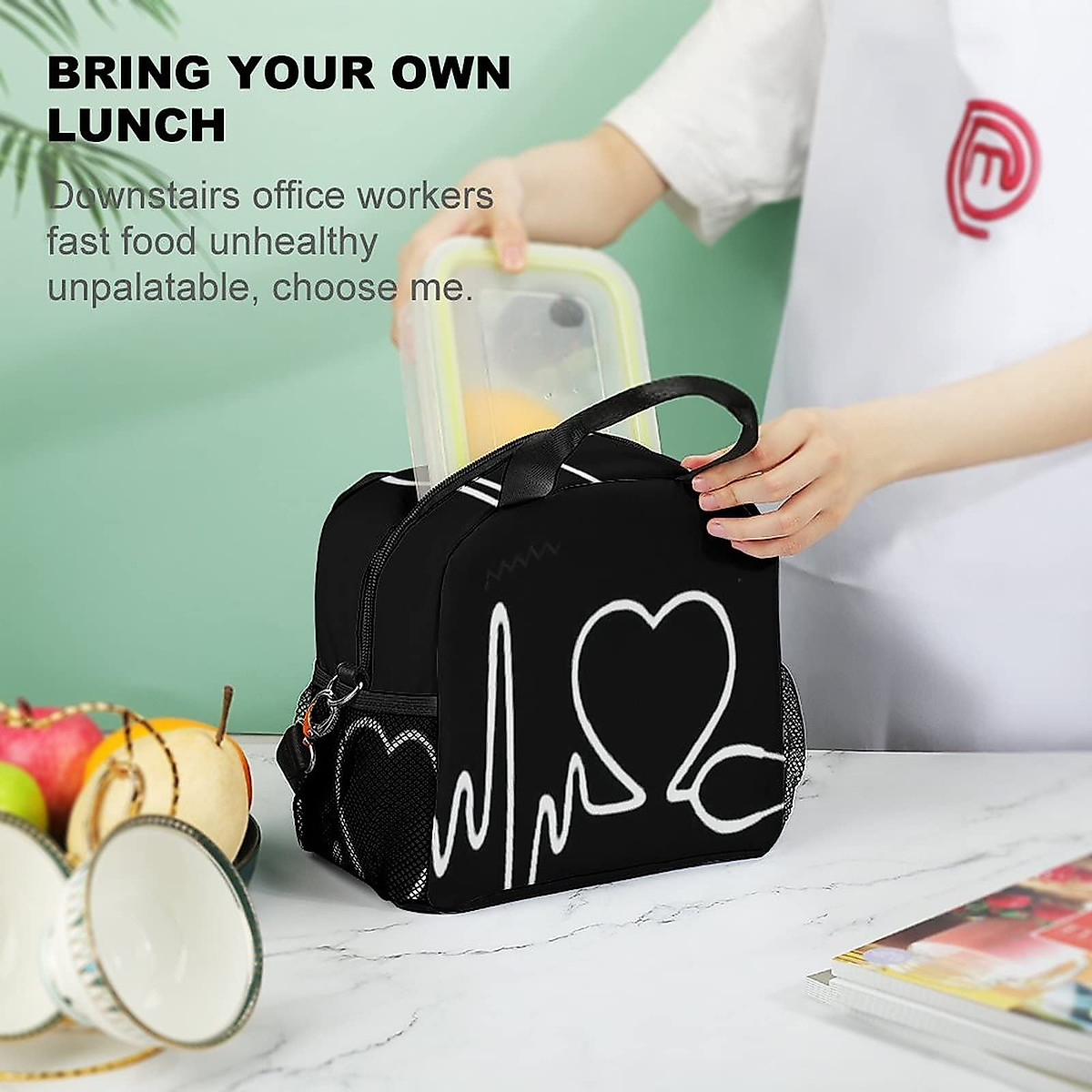 AMRANDOM Adults Reusable Compatible with Nurse Heartbeat Designed Black Lunch Bag with Shoulder Adjustable Strap Thermal Cooler Lunch Tote Lunch Box Handbag for Work Outdoor Travel Picnic
