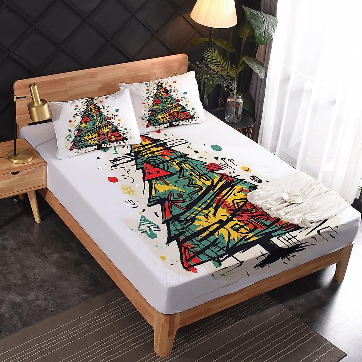 Christmas Tree Sheets Full Size Sheet Sets - Graffiti Bed Sheets, Soft Microfiber & Deep Pocket & Wrinkle Free Patterned Bedding Sheets & Pillowcases, 1 Fitted Sheet, 1 Flat Sheet, 2 Pillow Cases