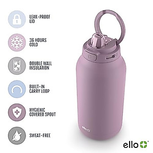 Ello Hydra 64oz Half Gallon Vacuum Insulated Stainless Steel Jug with Locking, Leak-Proof Lid and Soft Silicone Straw, Metal Reusable Water Bottle, Keeps Cold All Day, Mauve