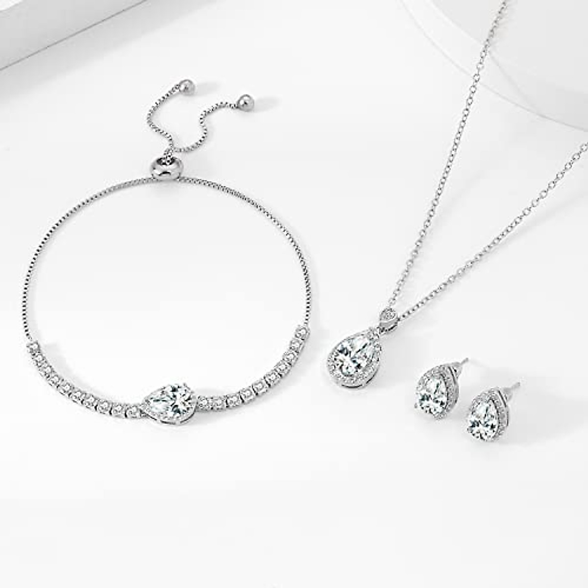 DHQH Cubic Zirconia Teardrop Necklace and Earring Set for Wedding with Crystal Link Bracelet Bridesmaids Jewelry Sets for Women Wedding Party Jewelry for Bridal Bridesmaid