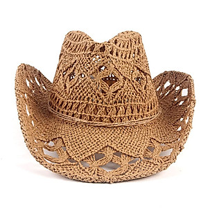 Straw Cowboy Hat Cowgirl Straw Hats Shapeable Wide Brim Staw Beach Sun Hat Brown