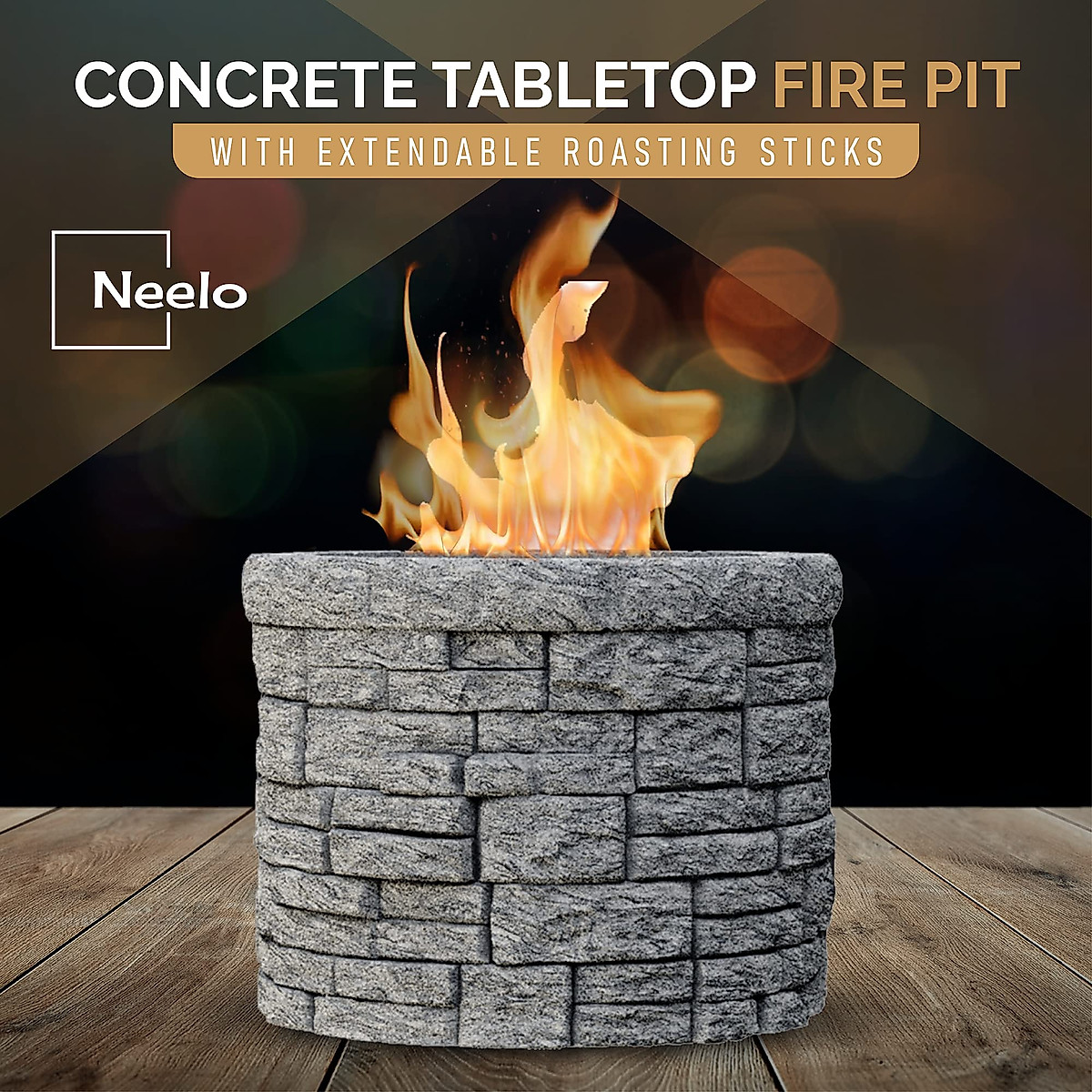 NEELO Concrete Tabletop S'mores Maker - Portable Smokeless Fire Pit Kit With Extendable Roasting Sticks for Indoor & Outdoor Patio Use