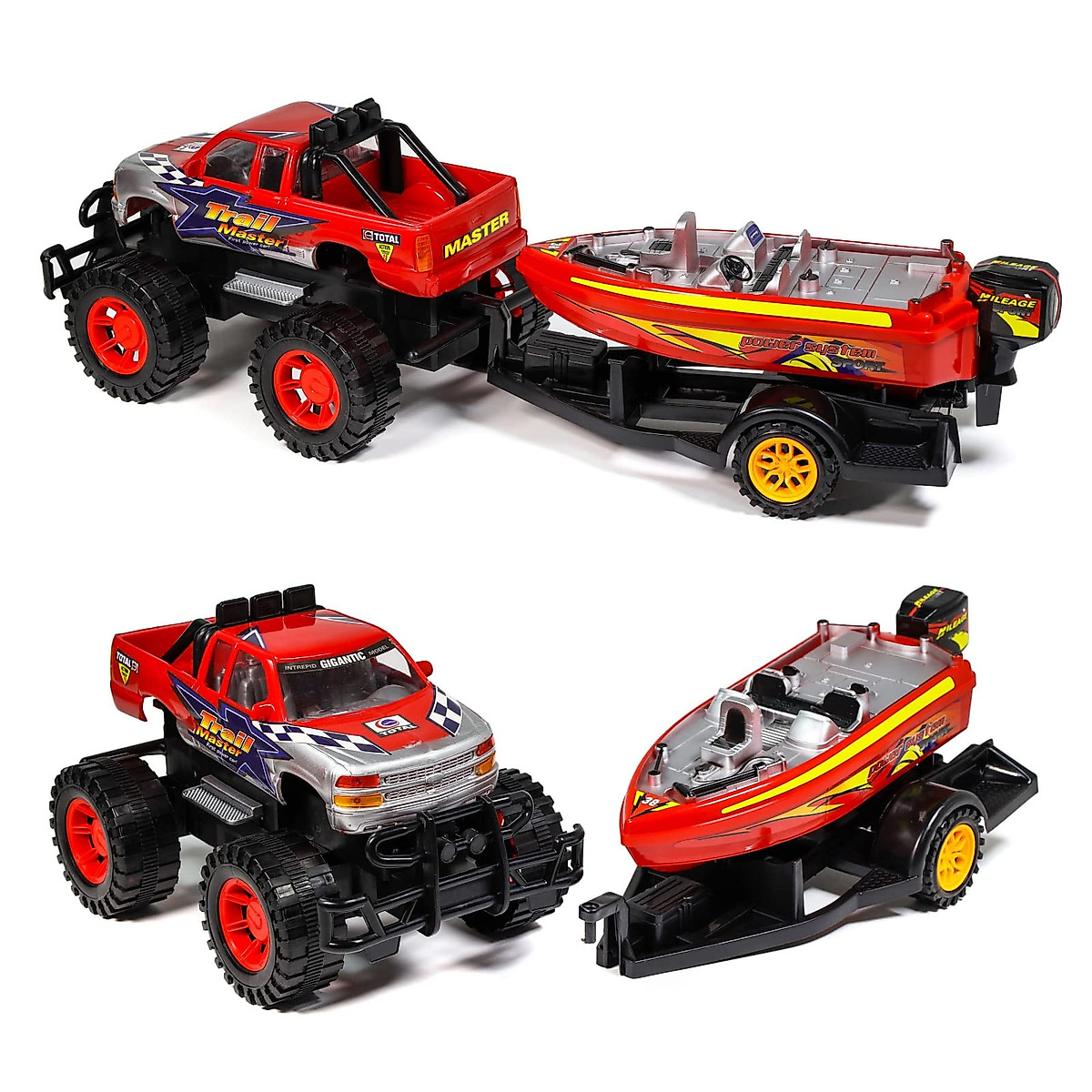 KidPlay Products Path Blazer Friction Power Monster Truck Speed Boat Hauler with Trailer