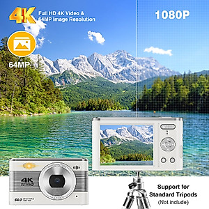 Rawiemy 64MP 4K Kids Digital Camera with 64GB Card, 18X Digital Zoom, Point and Shoot, Portable, White