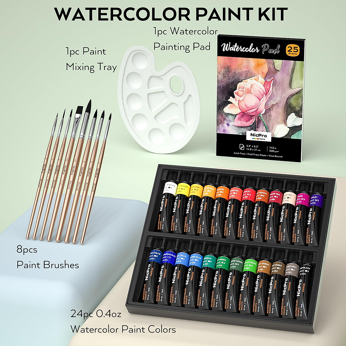 Nicpro 60 PCS Art Paint Set for Kids & Adult, Washable Watercolor Sip Painting Supplies Kit for Beginner with 24 Tube Water Color Paint, 8 Brushes,12 Canvas, Smock, 25 Papers Easel Sponge Palette Bag