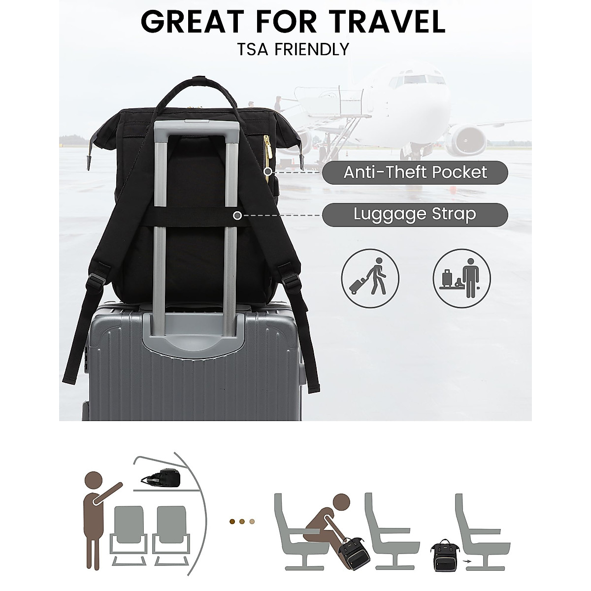 LOVEVOOK Laptop Backpack Women,15.6 Inch Wide-open Travel Computer Backpack Purse for Women with USB Port,Waterproof Teacher Nurse Work Laptop Bag College Back Pack,Black-Grey