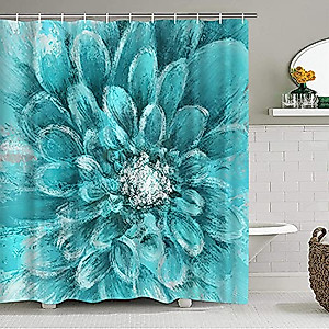 DuoBaorom 4 Pieces Set Dahlia Flower Shower Curtain Set Teal Bath Floral Picture Art on Non-Slip Rugs Toilet Lid Cover Bath Mat and Bathroom Curtain with 12 Hooks 72x72inch