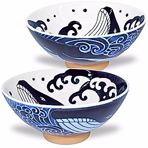 Mino Ware Japanese Rice Bowl, Rice Ramen Noodle Soup Sarada Pasta, Wave Whale Chawn, 5.7 inch 17.5oz Set of 2