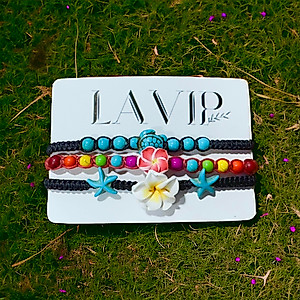 LAVIP Leather Anklet or Bracelet Starfish Turquoise Hawaiian Plumeria Flower Starfish Turquoise Hemp Bracelet