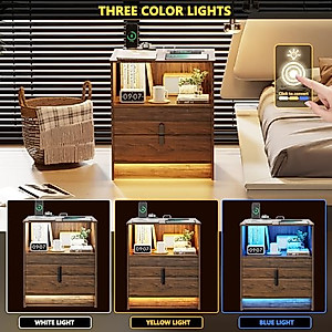 Dystler Nightstand with Charging Station and LED Light Strip, Bedside Tables with 2 Drawers and Open Storage, Modern End Side Table with Human Body Sensor Function for Bedroom, Living Room (Brown)