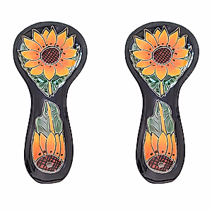 Set of 2 Spoon Rest Sunflower Talavera Mexican Pottery Handmade for Stovetop Spoon Holder