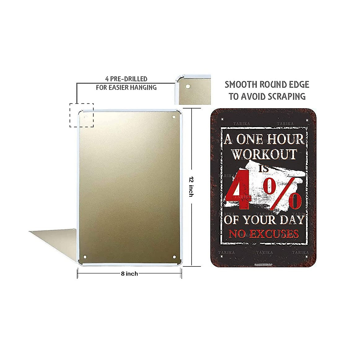 A One Hour Workout is 4% of Your Day No Excuses Retro Look Metal 8X12 Inch Decoration Painting Sign for Home Gym Farm Garden Garage Inspirational Quotes Wall Decor