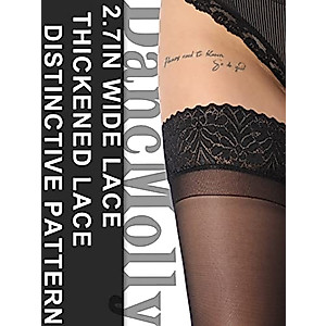 DancMolly Silky Thigh High Stockings, with 17+ Colors Sheer Silicone Lace Top Pantyhose for Women, 1 Pair (Black, A-B)