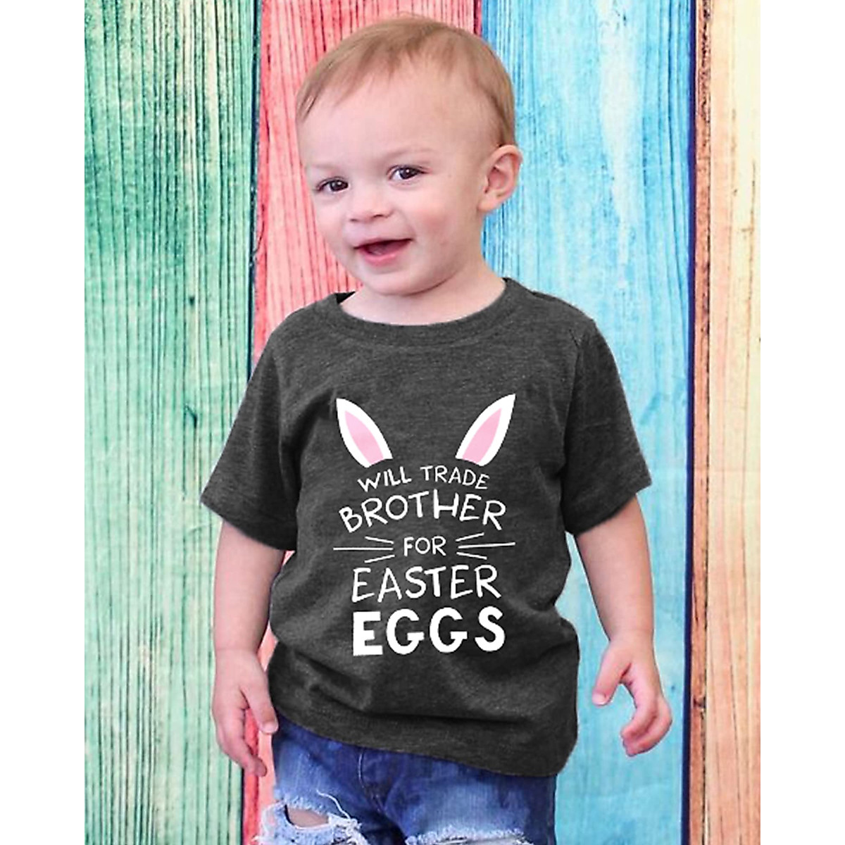 Baby Easter Shirt Trade Brother Sister for Easter Eggs Tshirt Toddler Bunny Short Sleeve Cotton Tops Grey