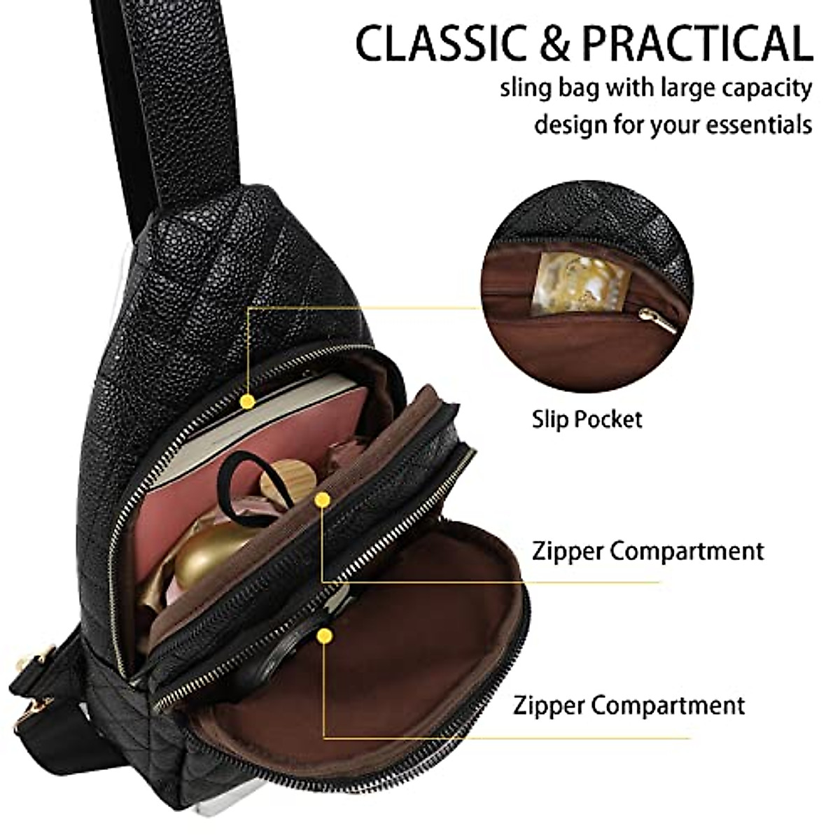 EMBRUNIOICE PU Leather Sling Bag for Women Quilted Crossbody Sling Backpack for Cycling Hiking Travel（Black）