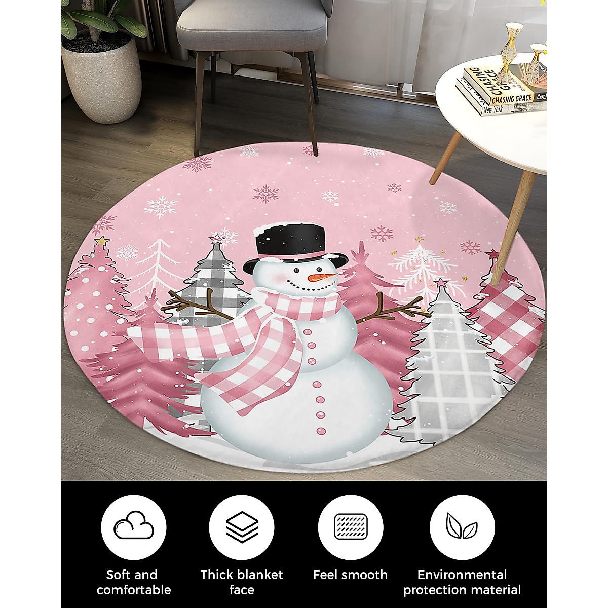 Blush Pink Snowman Fluffy Round Area Rug Carpets 4ft, Plush Shaggy Carpet Soft Circular Rugs, Non-Slip Fuzzy Accent Floor Mat for Living Room Bedroom Nursery Home Decor Christmas Dot Plaid Tree