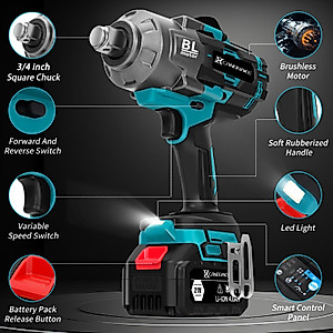 Canbrake 2000Nm(1500ft-lbs) Cordless Impact Wrench,3/4 inch High Torque Brushless Impact Gun, 5500RPM Power Battery Impact Wrench w/ 2 x 4.0Ah Battery, Fast Charger for Heavy Duty Truck Mower