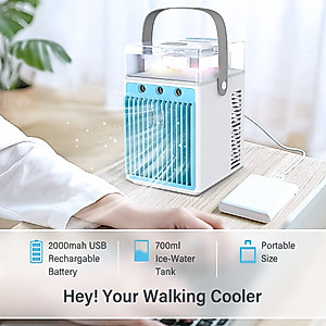 Thehomeuse Portable Air Conditioner Fan, 3in1 Personal Mini Cooler, Small Evaporative Cooler with LED Lights, Quiet Desktop Cooling Fan for Office, White