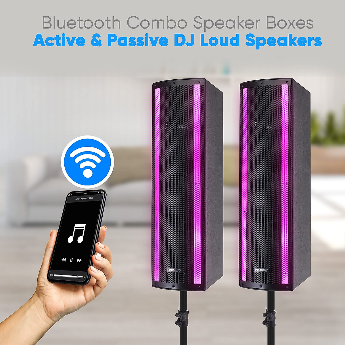 Pyle Portable Bluetooth PA Speaker System - 3-Way Active & Passive Outdoor Bluetooth Speaker Portable PA System w/ Microphone In, Party Lights, FM Radio - Tripod, Remote - Pyle PS65ACT,Black