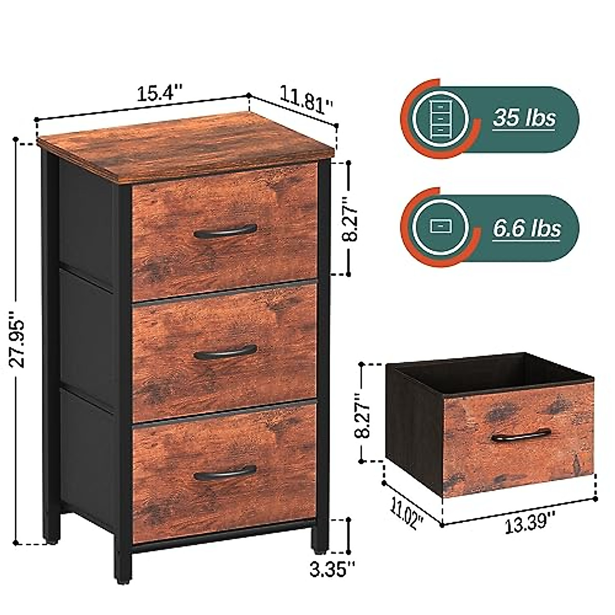 Yoobure Nightstand with 3 Fabric Drawers, Dresser for Bedroom Storage Drawer Tower, Small End Table Bedside Furniture Dressers & Chests Organizer Unit Closet Hallway Entryway Office, Berry Brown